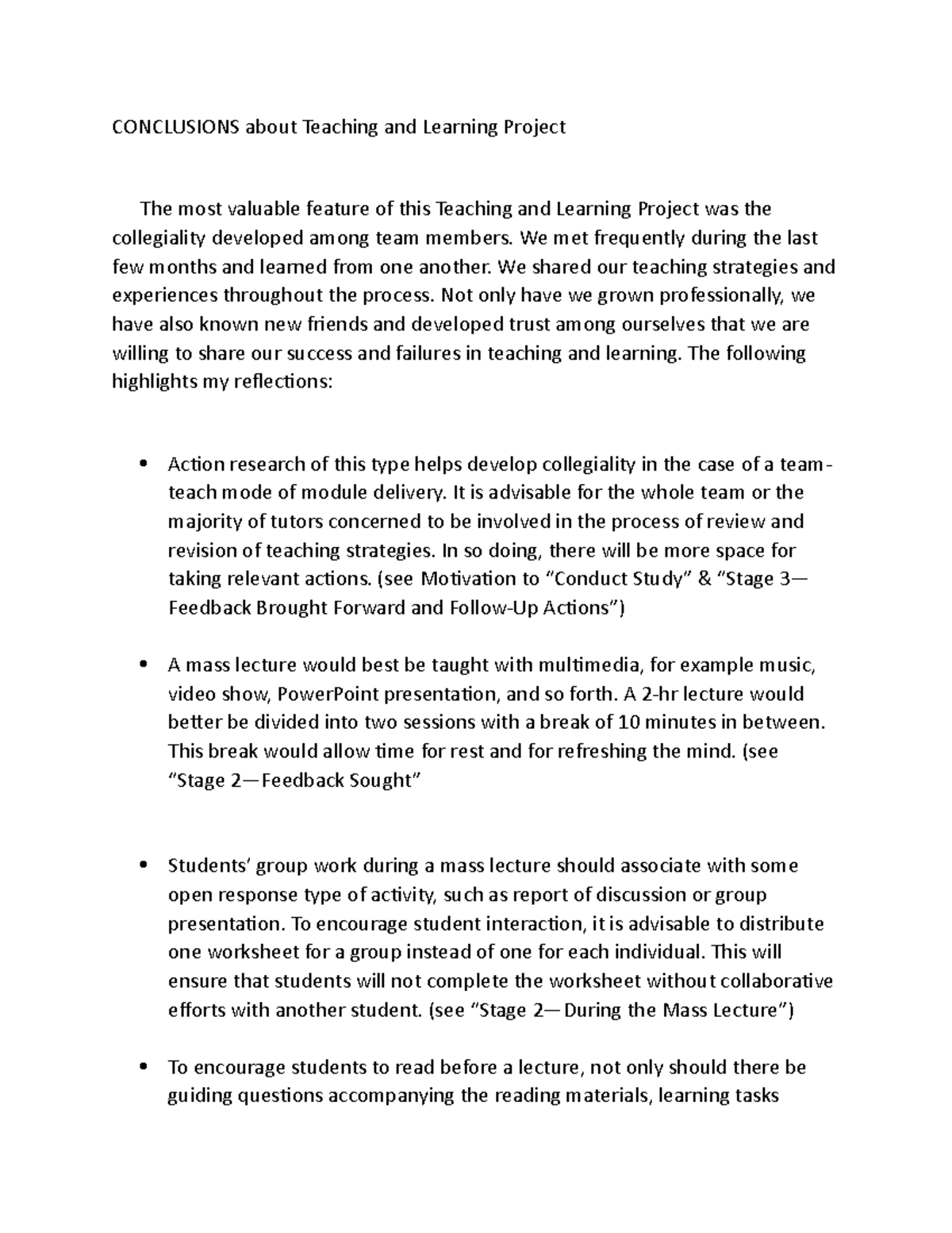 Conclusions about Teaching and Learning Project - CONCLUSIONS about ...