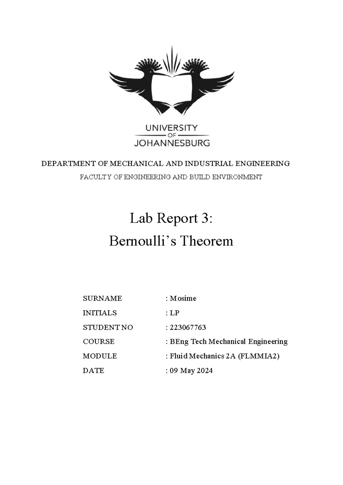 Bernoulli's Theorem Lab Report 223067763 - DEPARTMENT OF MECHANICAL AND ...