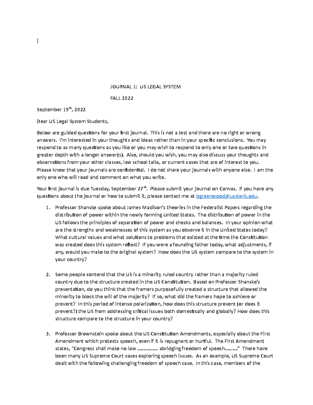 Journal 1 us legal system seminar final 9 19 22, 11 23 22 - ] JOURNAL 1 ...