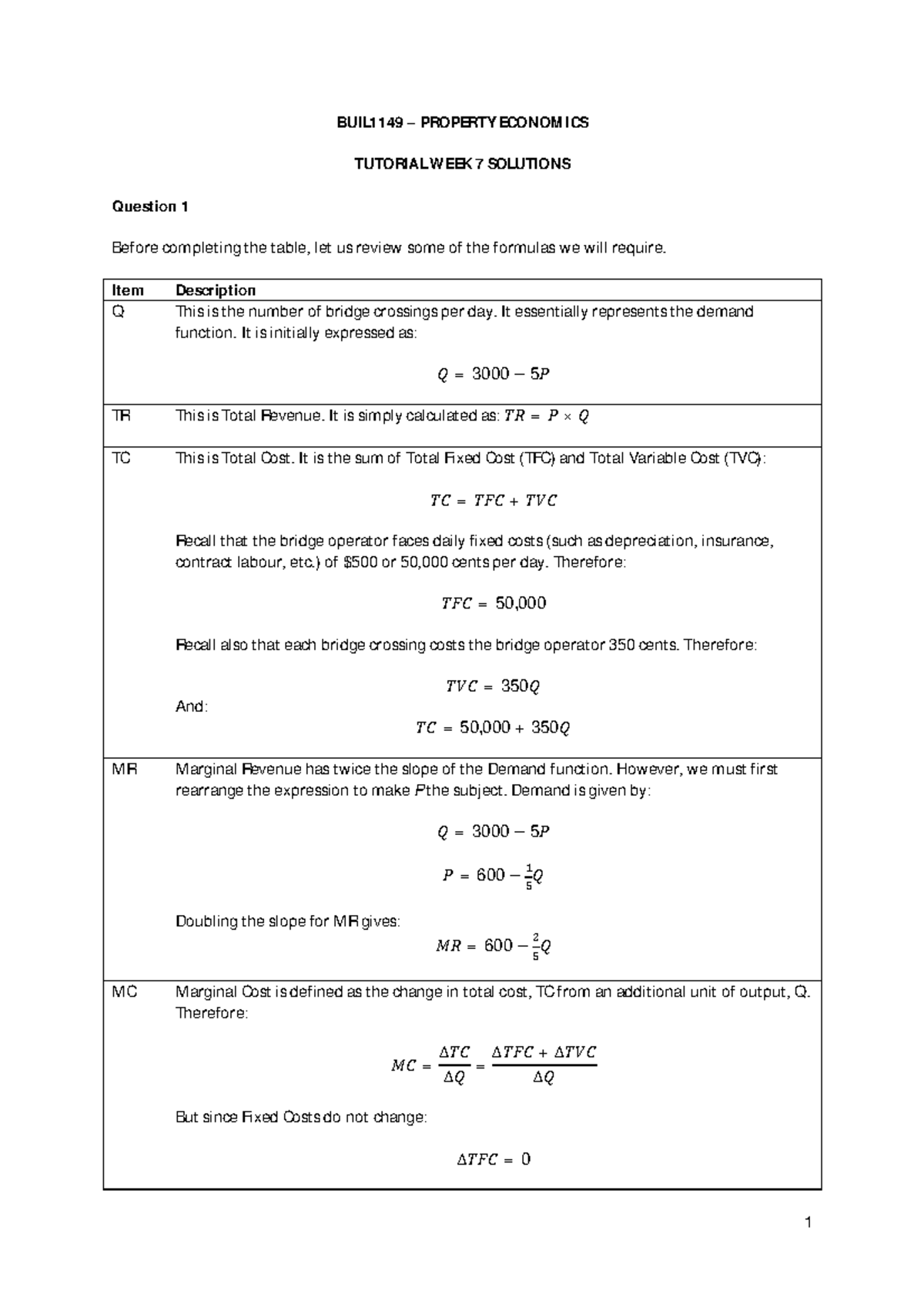 Solution Tutorial Week 7 - BUIL1149 – PROPERTY ECONOMICS TUTORIAL WEEK ...