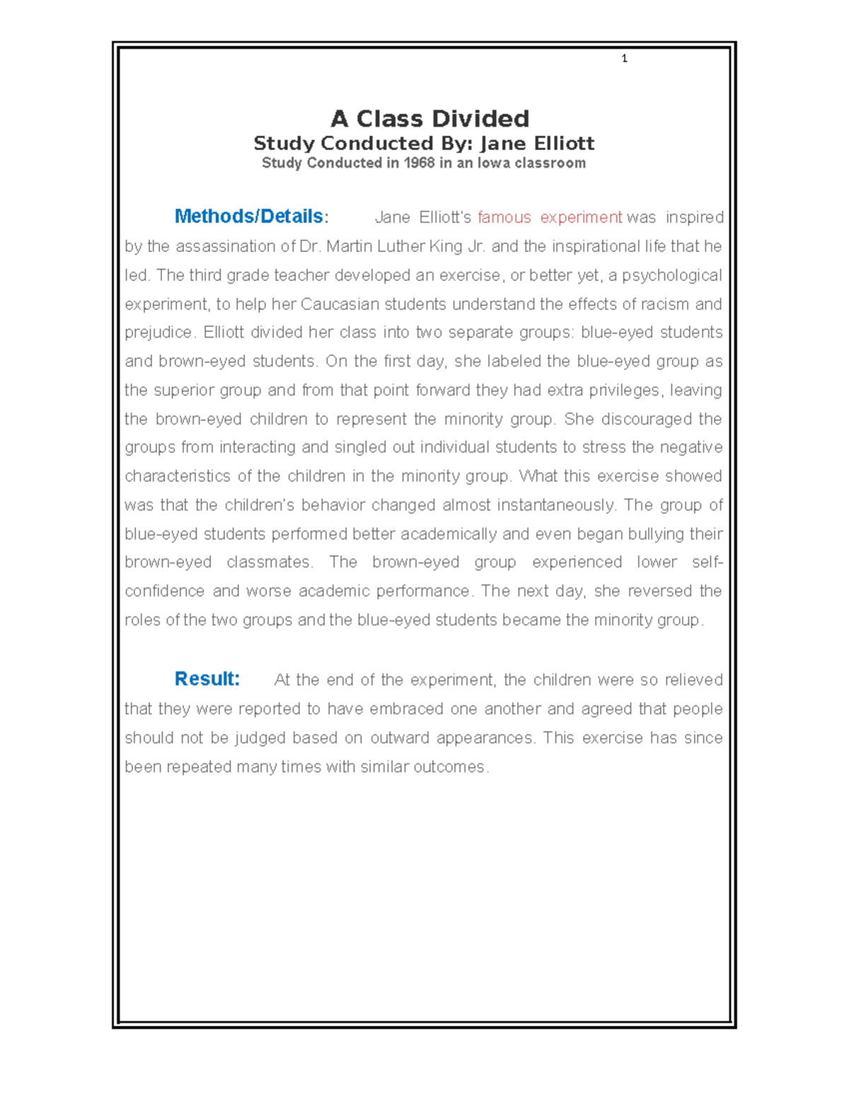 10 Psychological Experiment - A Class Divided Study Conducted By: Jane ...