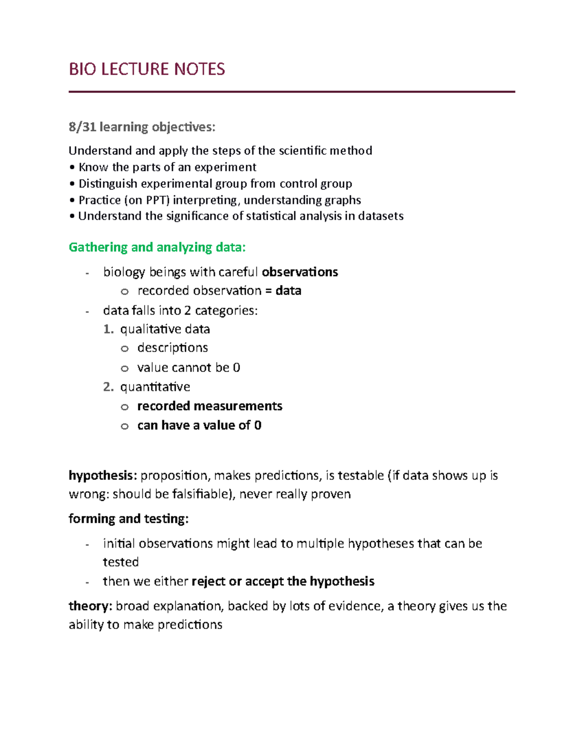 Bio Lecture Notes Bio Lecture Notes 831 Learning Objectives Understand And Apply The Steps
