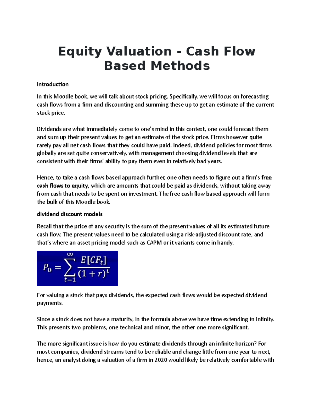 Wk 5 Equity Valuation - Lecture notes 1-4 - Equity Valuation - Cash ...