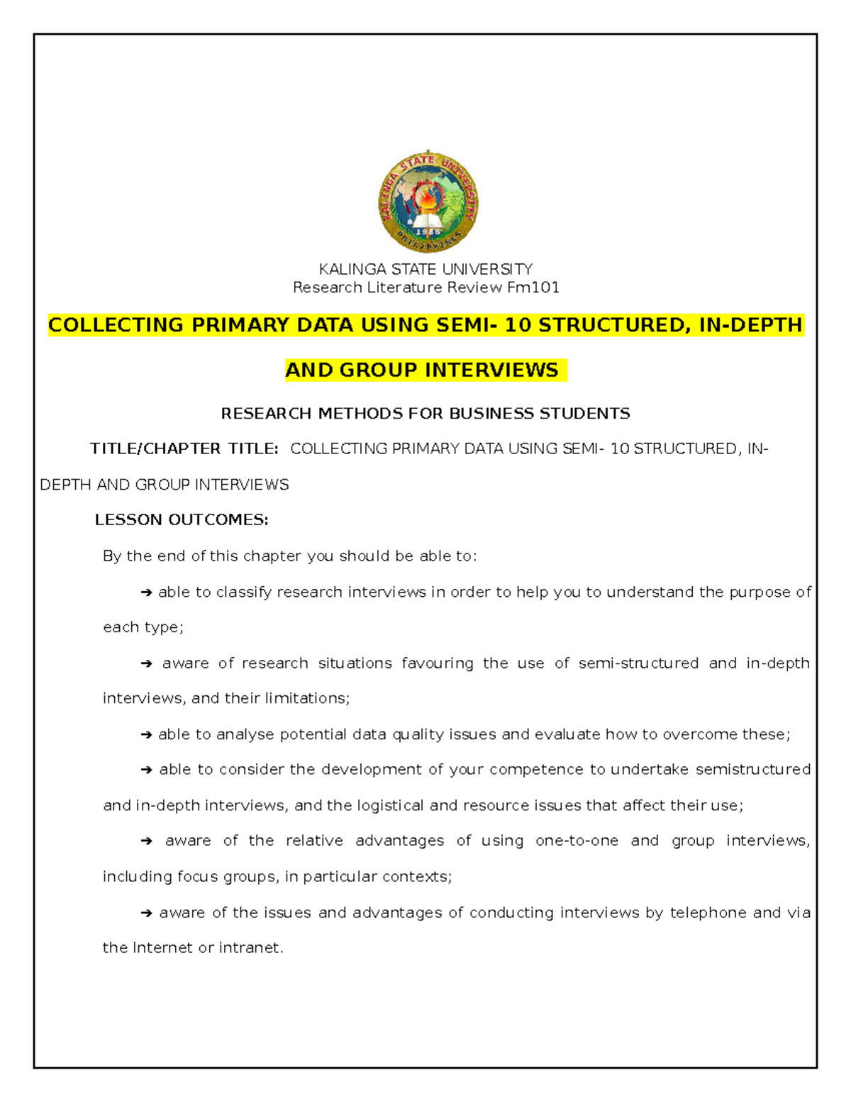 Collecting Primary DATA Using SEMI- 10 Structured, IN- Depth AND Group Interviews - KALINGA ...