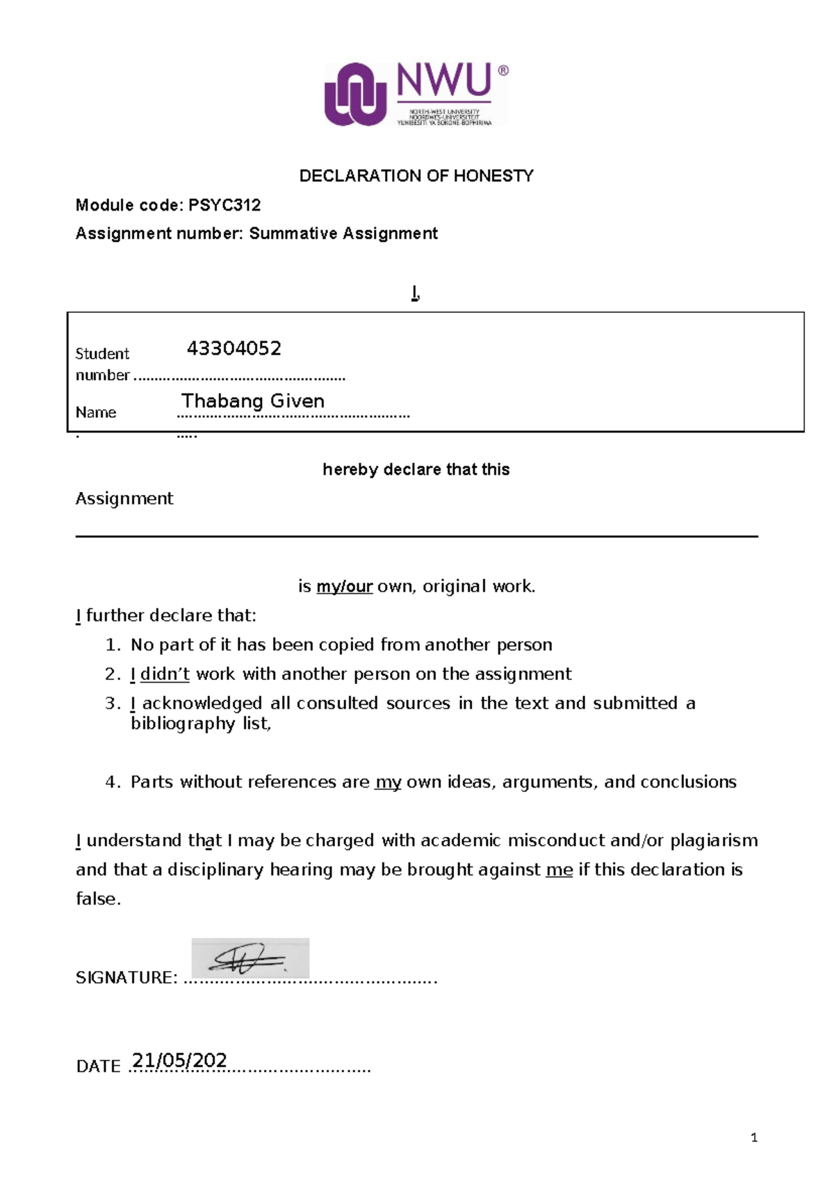 2024 Code of Conduct Assignments - DECLARATION OF HONESTY Module code: PSYC Assignment number ...