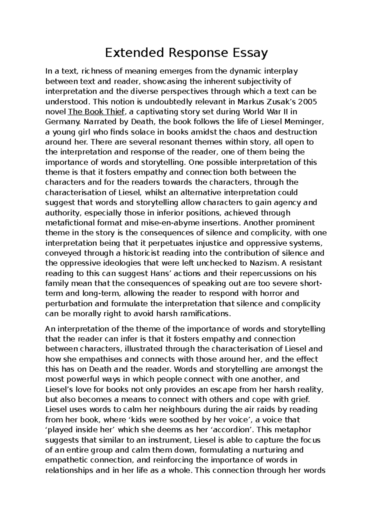 Extended Response Essay - This notion is undoubtedly relevant in Markus ...