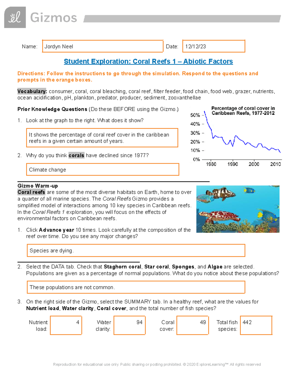 Copy of Coral Reef 1SE - Name: Jordyn Neel Date: 12/12/ Student ...