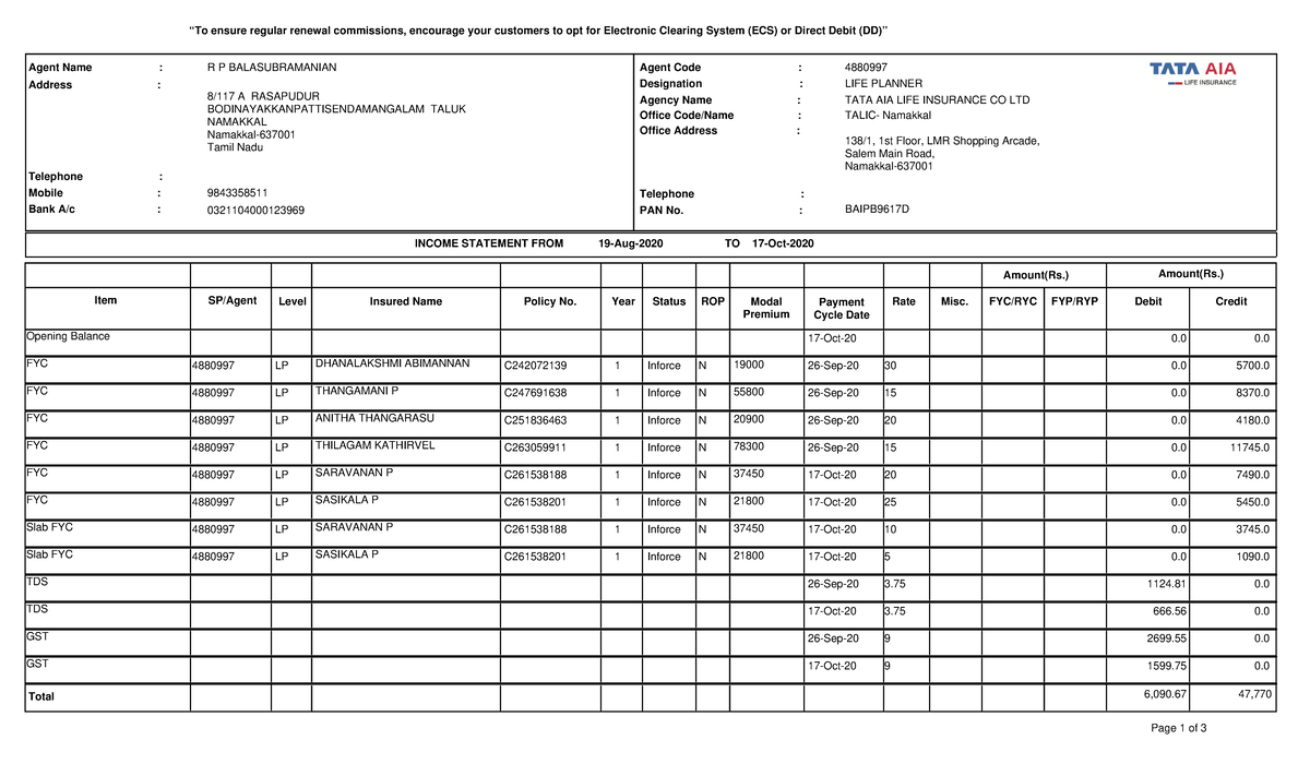 Rep 12 income statement agt - Address : LIFE PLANNER Agency Name ...