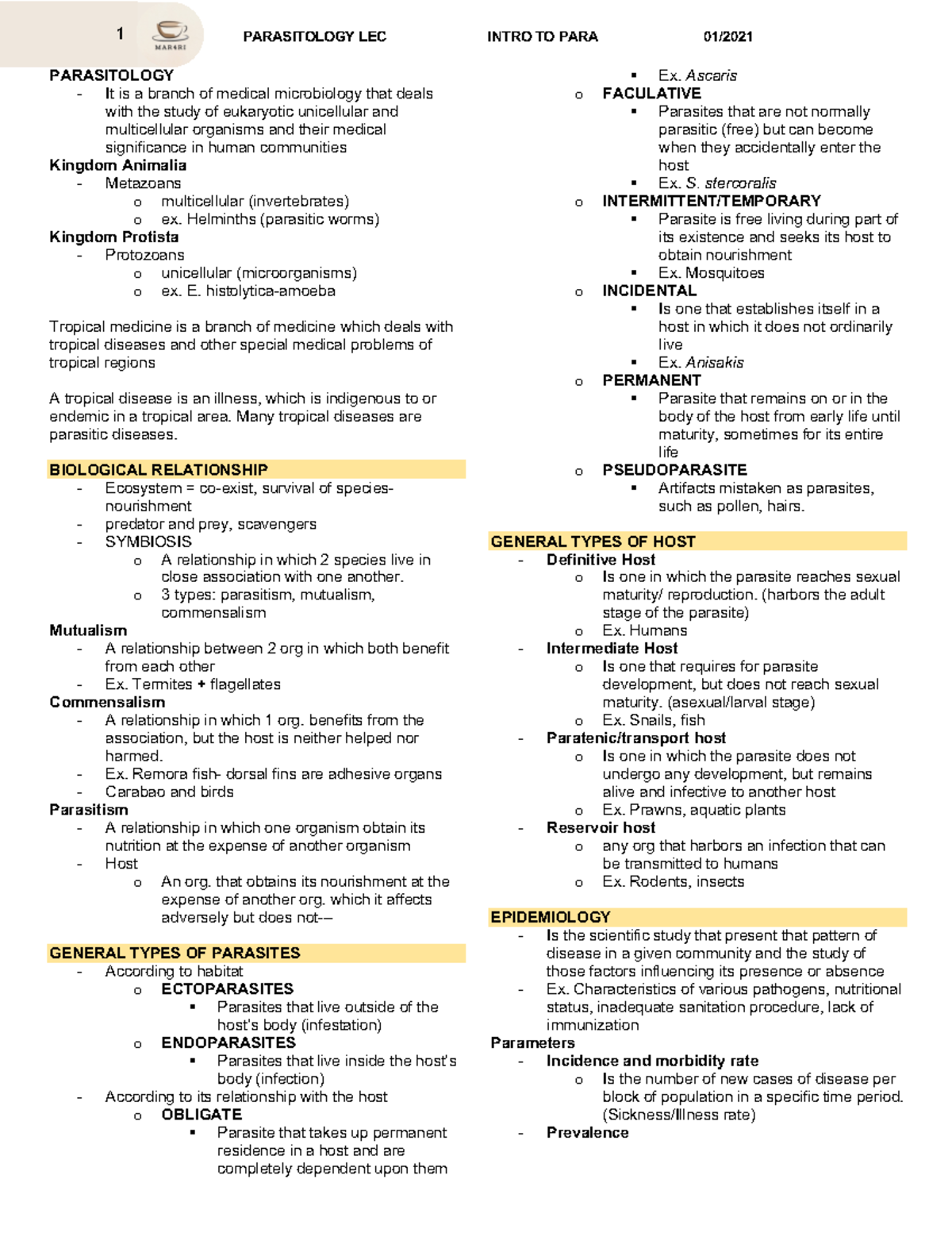 PARASITOLOGY LECTURE - 1 PARASITOLOGY LEC INTRO TO PARA 01 ...