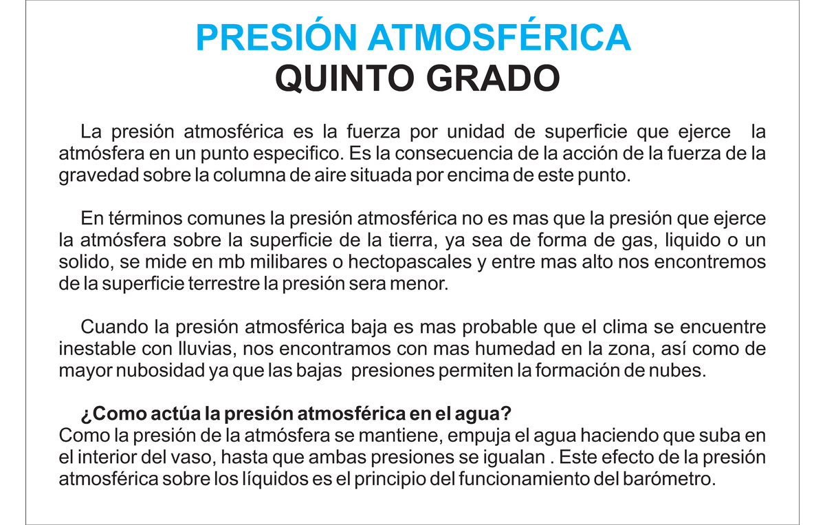 Presion Atmosferica - sobre la PA - PRESIÓN ATMOSFÉRICA QUINTO GRADO La ...