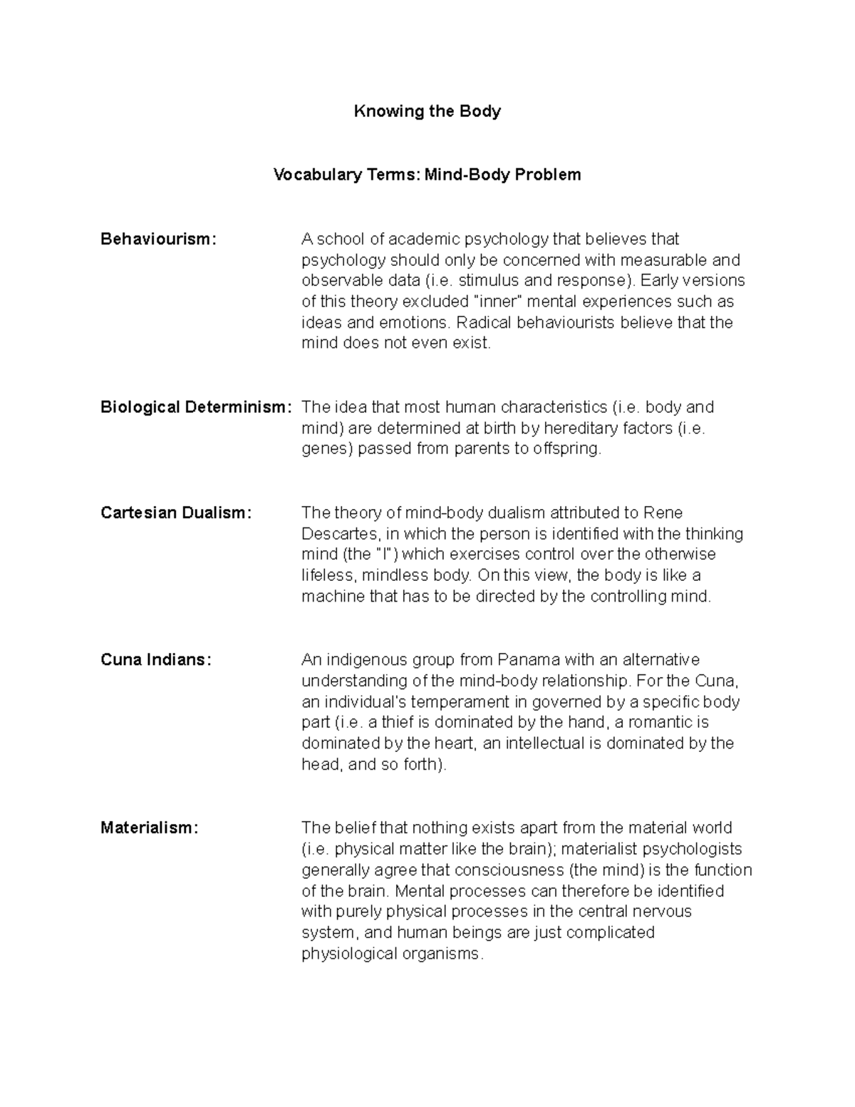 Vocab mind and bodies - Knowing the Body Vocabulary Terms: Mind-Body ...