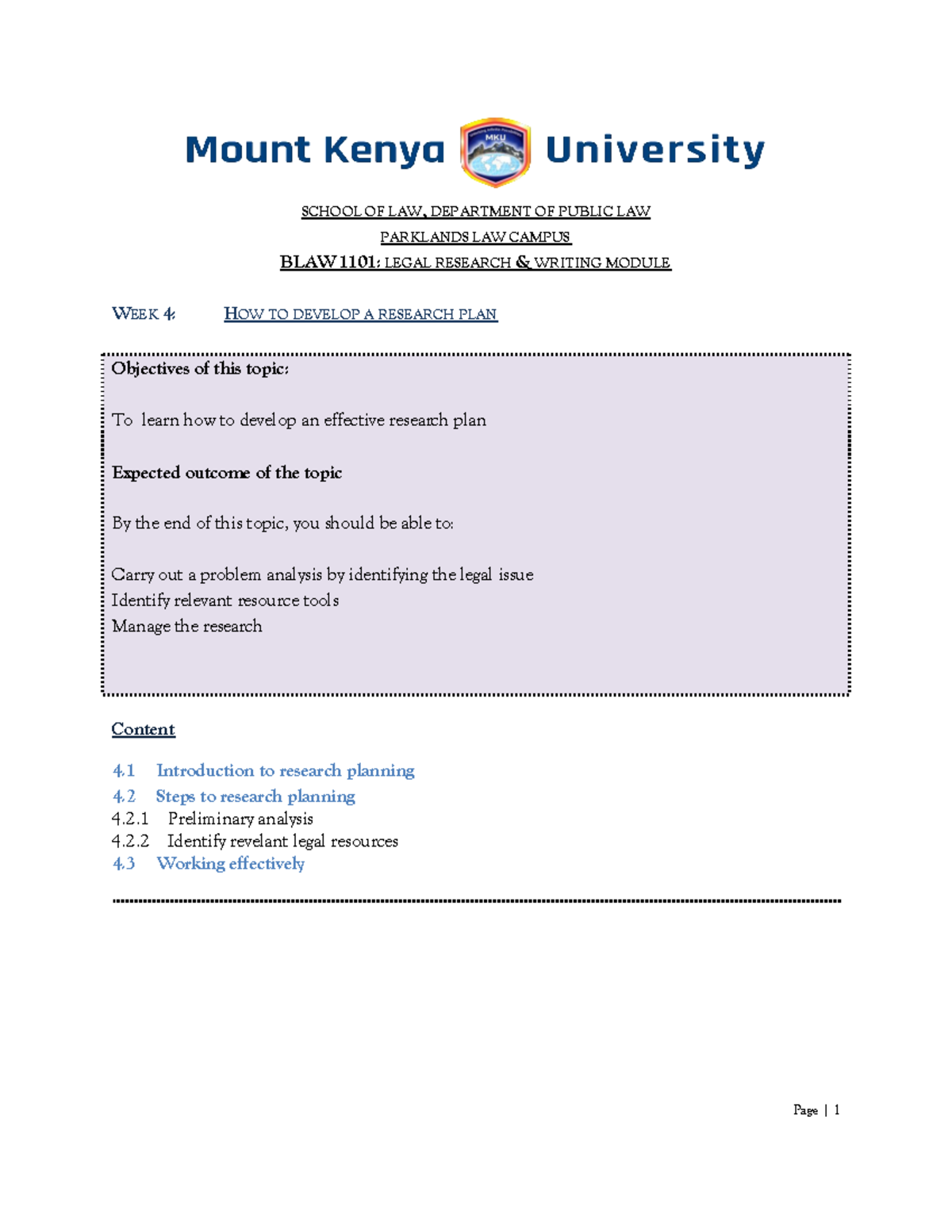 MKU Legal Research Writing - Research Plan - SCHOOL OF LAW, DEPARTMENT ...