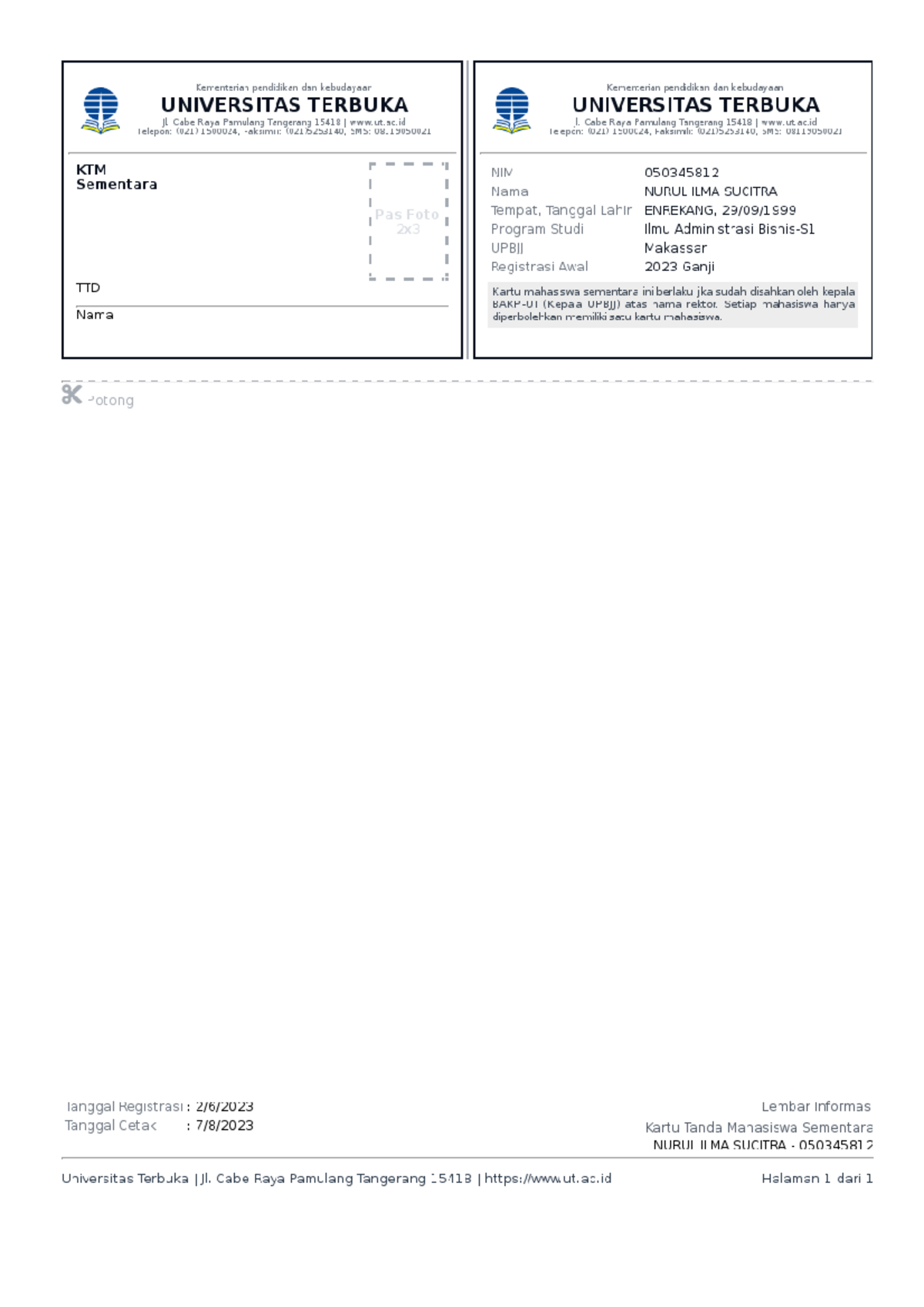 Registrasi Berhasil Sistem Informasi Akademik - uni terbuka - Studocu
