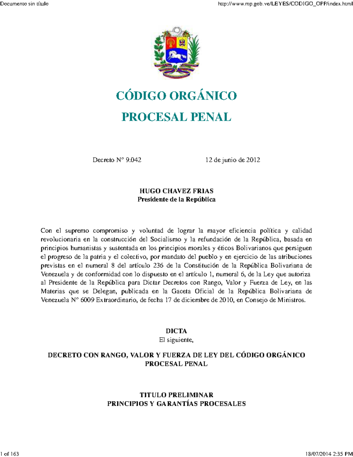 2012 Code of Criminal Procedure (Spanish original) - CÓDIGO ORGÁNICO ...