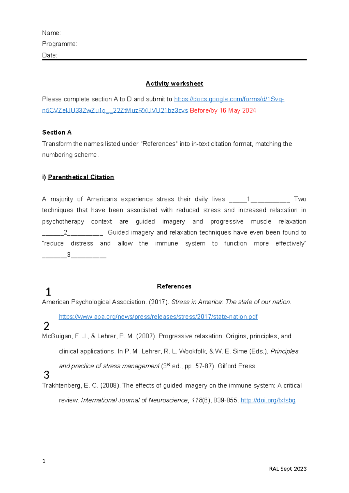 Activity Worksheet APA for Student - Name: Programme: Date: Activity ...