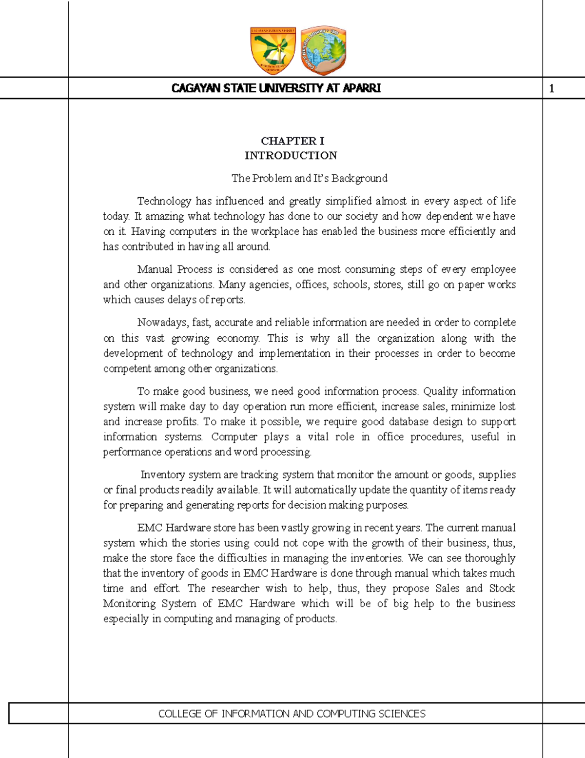 Capstone-1-Copy - Sir mark gangan - CHAPTER I INTRODUCTION The Problem ...