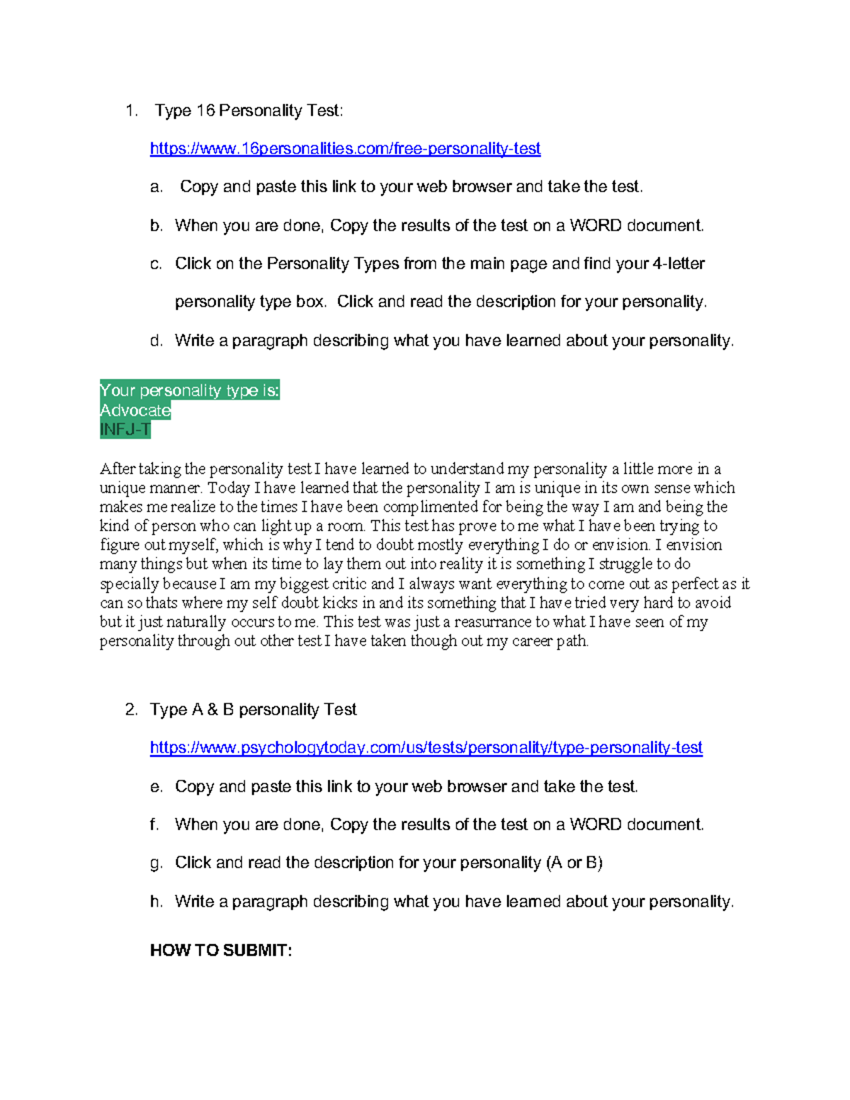 TYPE 16 Personality Test A B-1 - Type 16 Personality Test ...