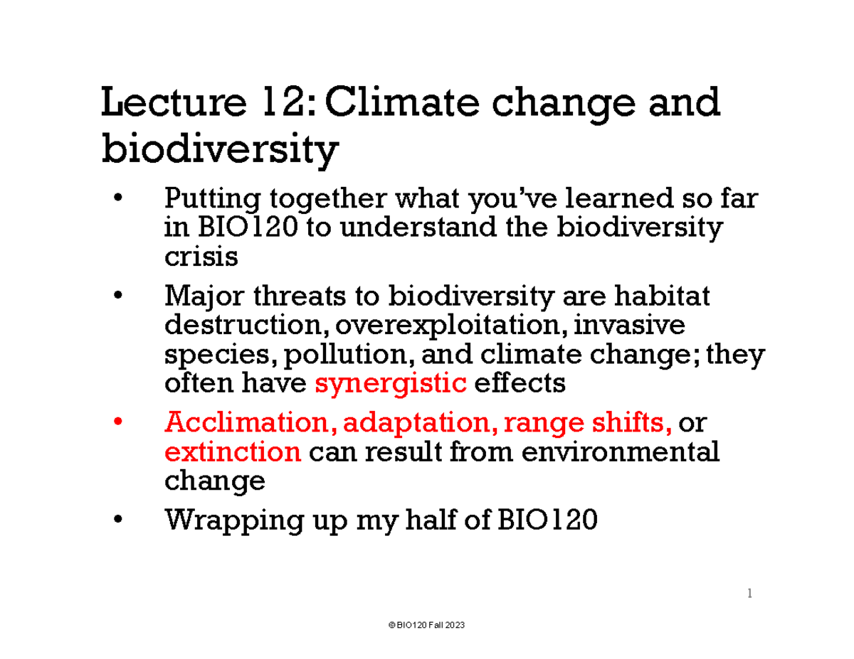 BIO120Fall2023 Lecture 12 1slideperpage - Lecture 12: Climate change ...
