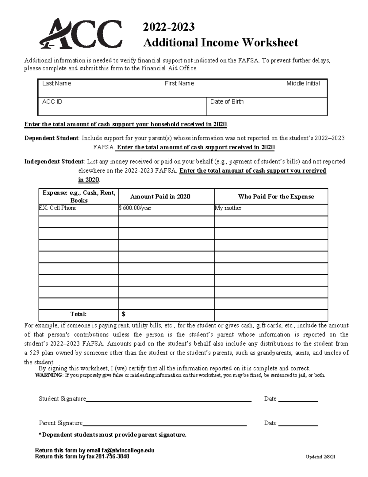 2022-2023 Additional Income Form 030922 - Return this form by email fa ...