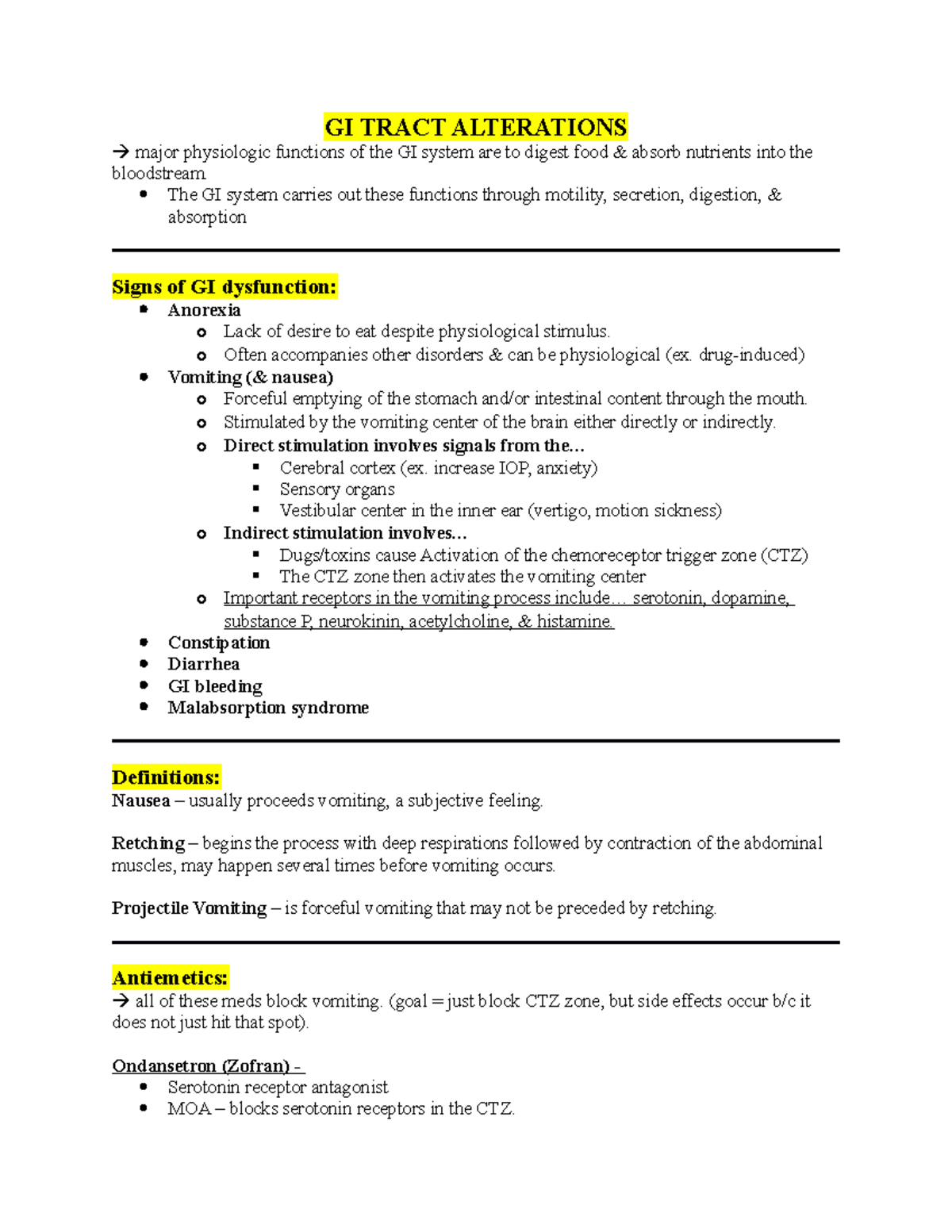 EXAM 3 INFO (GI) - Pharm 331 - GI TRACT ALTERATIONS major physiologic ...