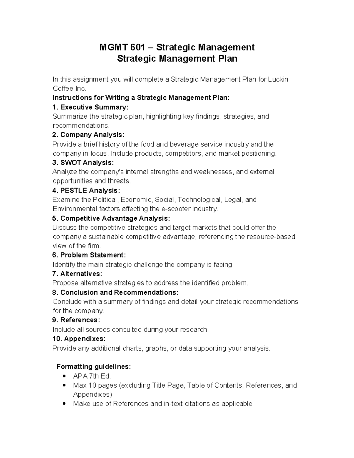 MGMT 601 Strategic Management Plan Final Project 2024 - MGMT 601 ...