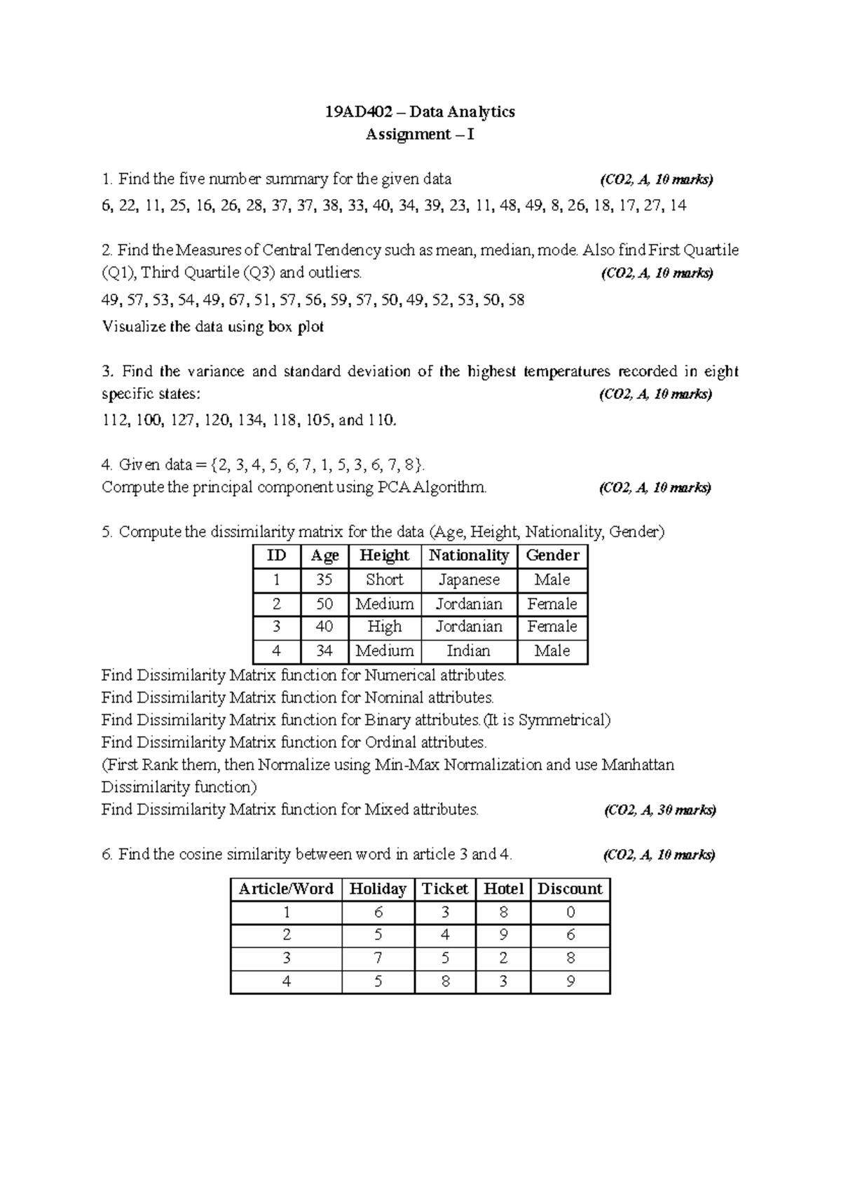 DA Assignment 1 1710756121438 - 19 AD402 – Data Analytics Assignment – I Find the five number ...