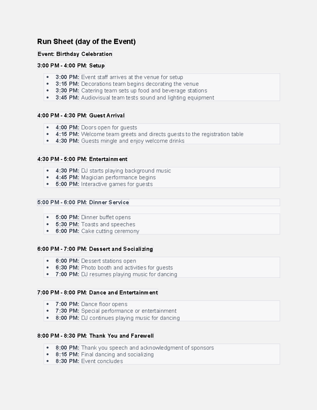 Run Sheet - Sample output materials - Run Sheet (day of the Event ...