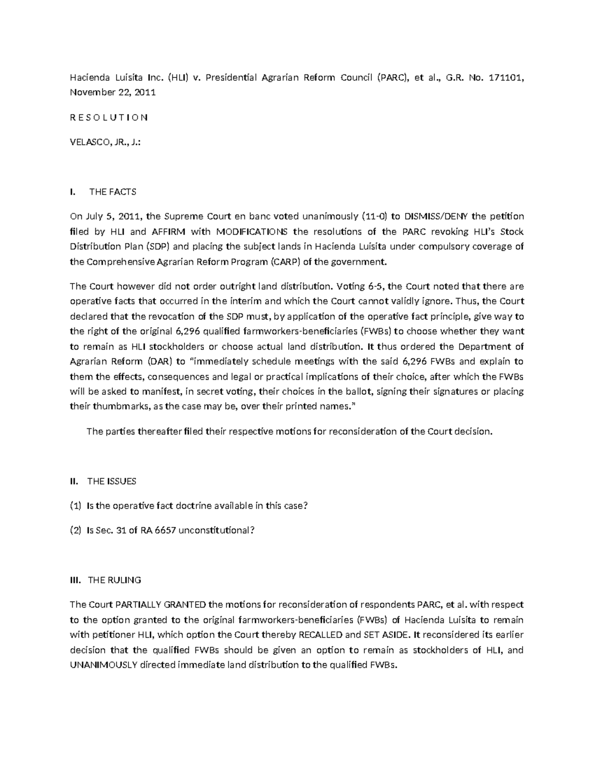 26. Hacienda Luisita, Inc. v. Presidential Agrarian Reform Council, 670 ...