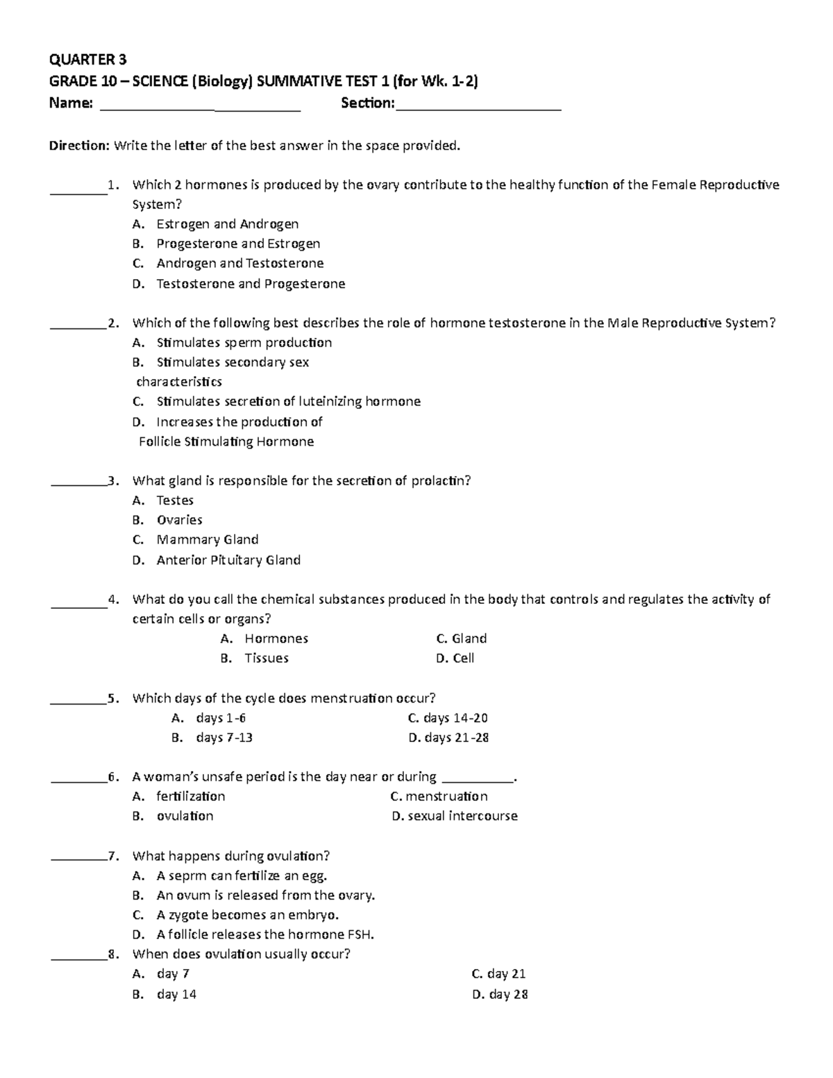 Quarter 3 - none - QUARTER 3 GRADE 10 – SCIENCE (Biology) SUMMATIVE ...