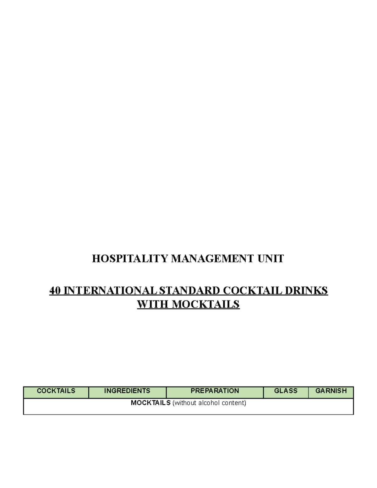 Cocktail - HOSPITALITY MANAGEMENT UNIT 40 INTERNATIONAL STANDARD ...