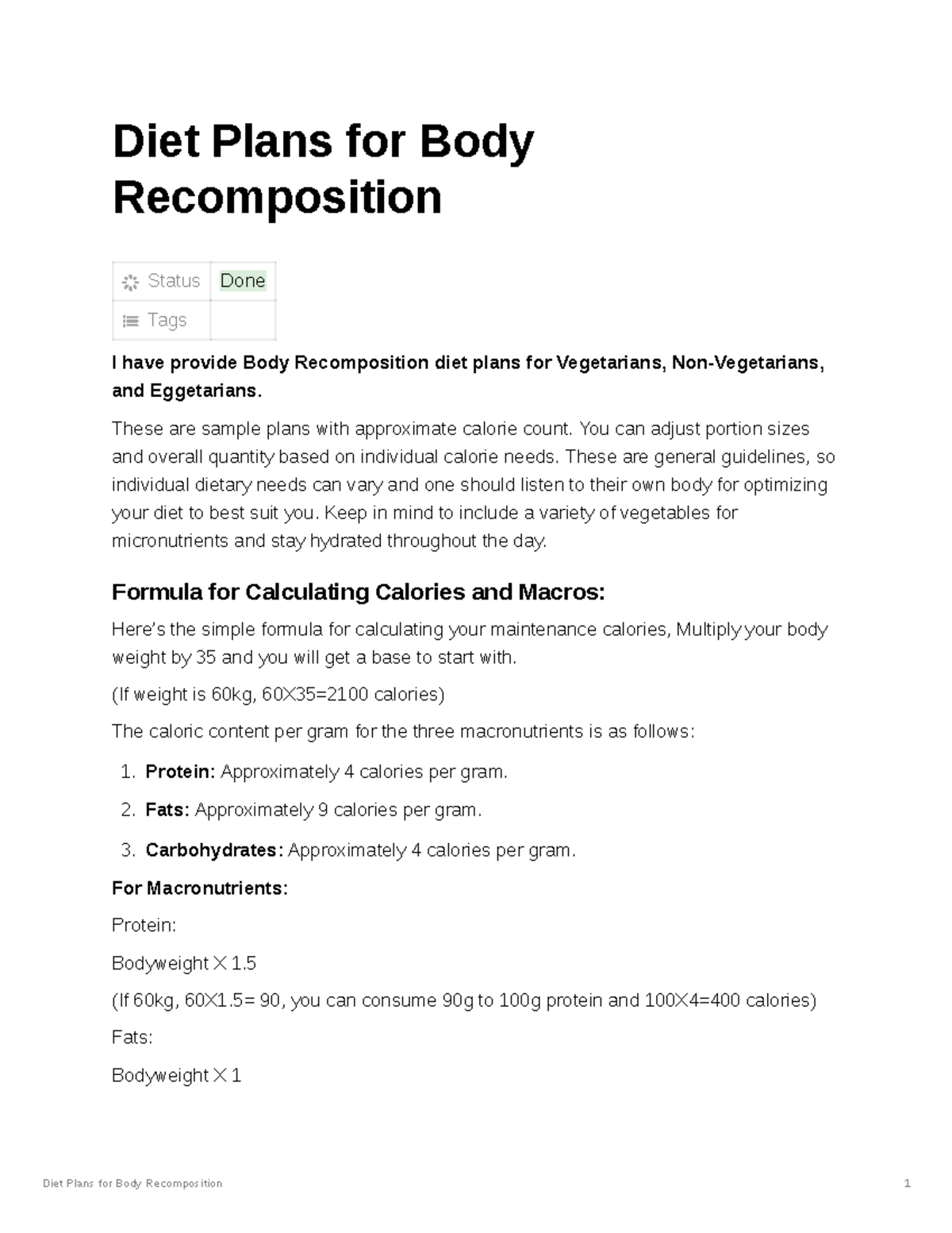 Body Recomposition Diet - These are sample plans with approximate ...