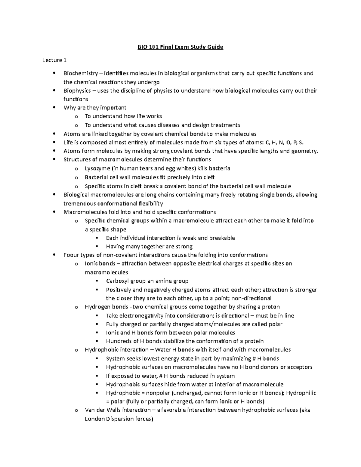 Lecture notes, lecture all - Study guide - BIO 101 Final Exam Study ...