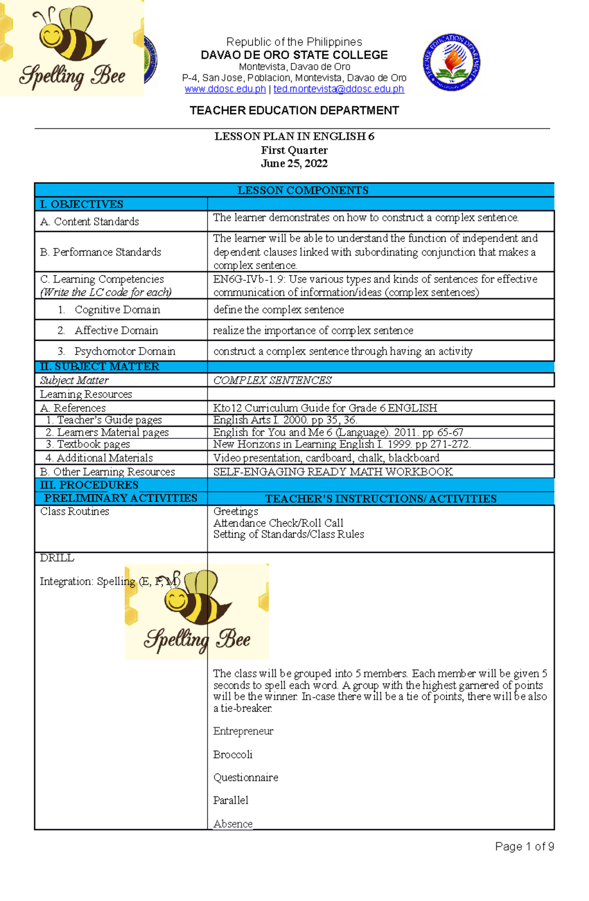 English 6 SEMI- Detailed Lesson PLAN - DAVAO DE ORO STATE COLLEGE ...