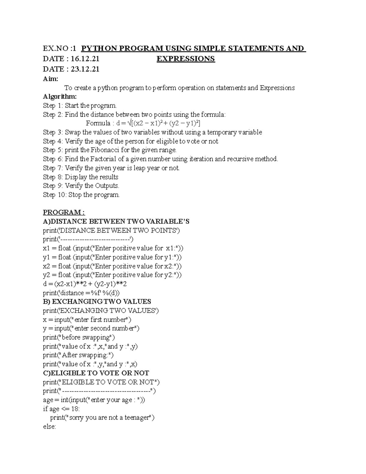 Record work(Final Record for printing) - EX :1 PYTHON PROGRAM USING ...