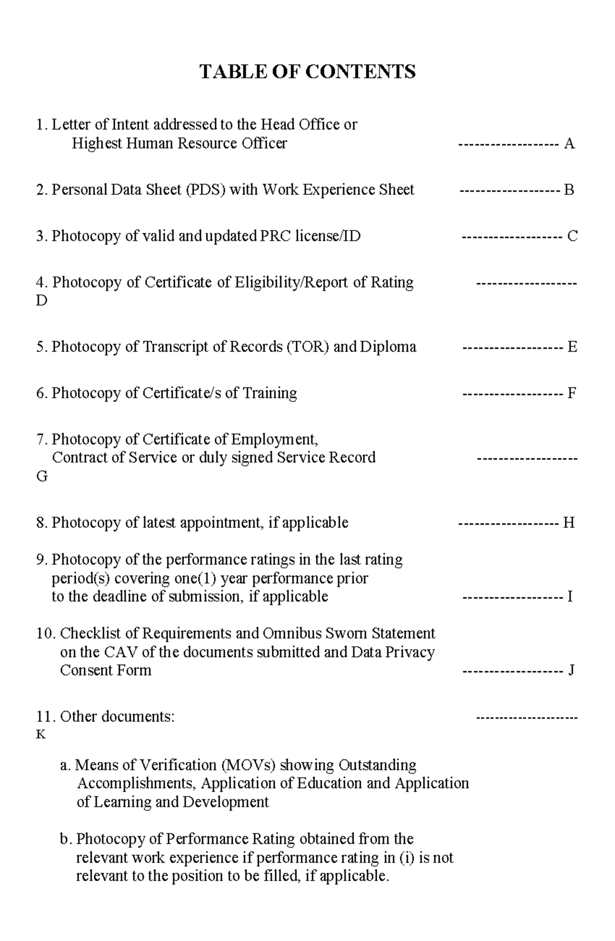 Table OF Contents Sample 1 - TABLE OF CONTENTS 1. Letter of Intent ...