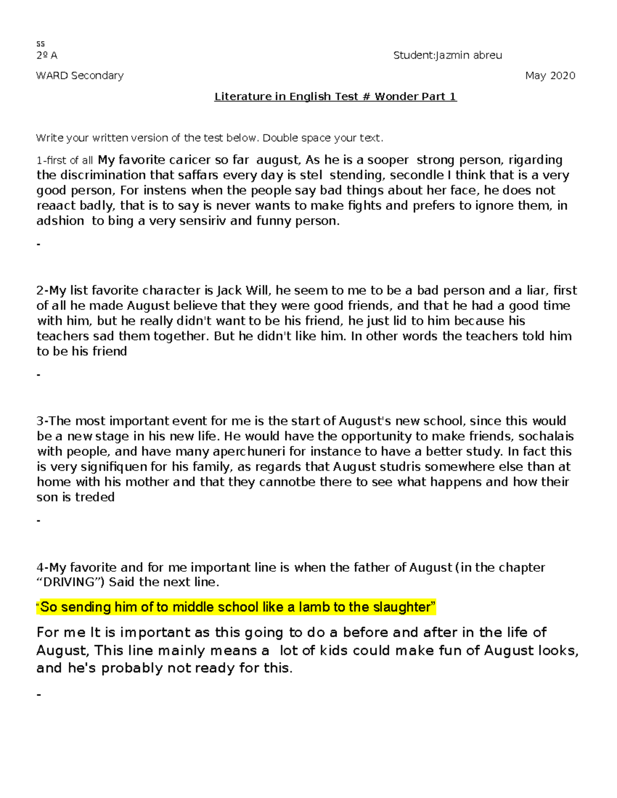 2º A Li T in English TEST Wonder Part one Written Version HERE - ss 2º ...