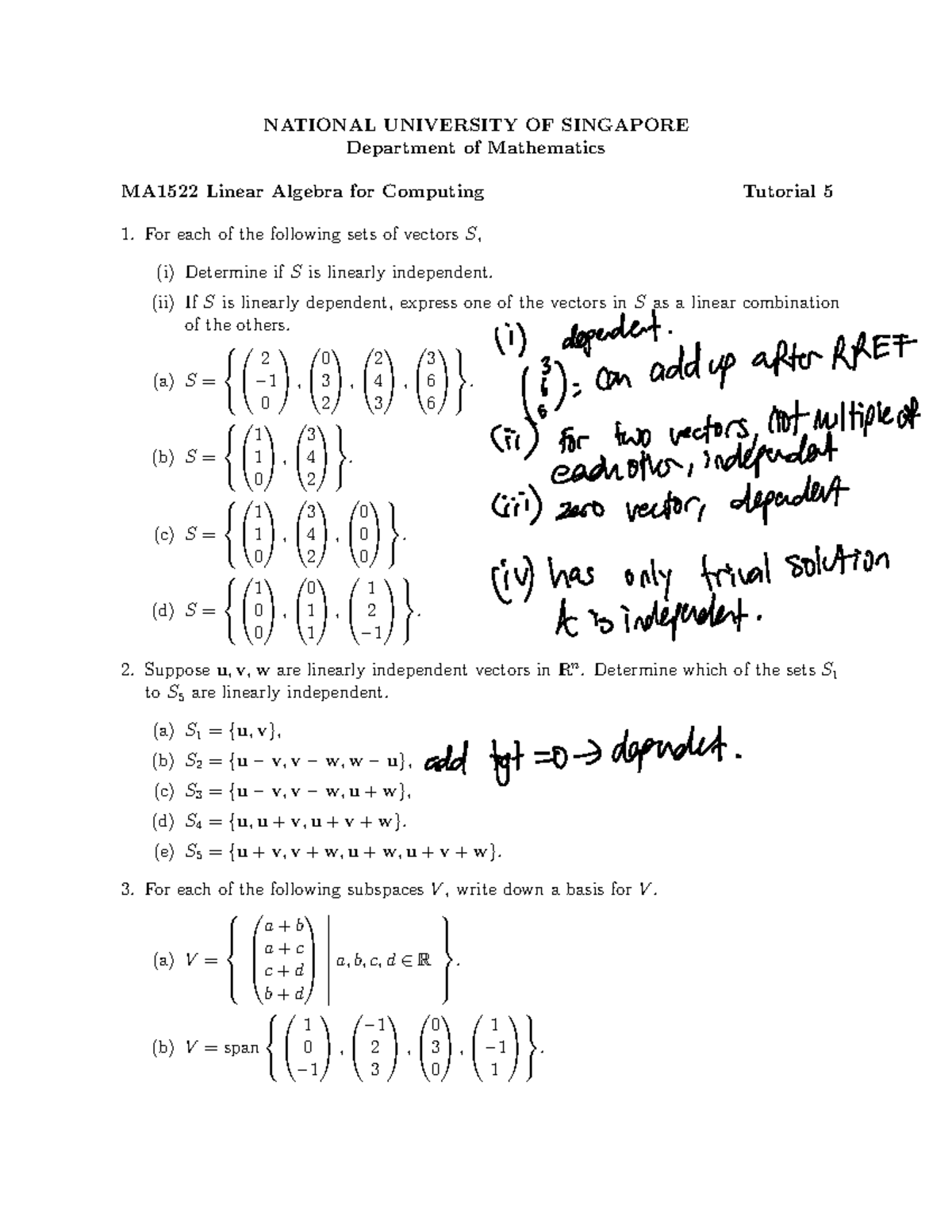 Tutorial 5 - tut5 - NATIONAL UNIVERSITY OF SINGAPORE Department of Mathematics MA1522 Linear ...