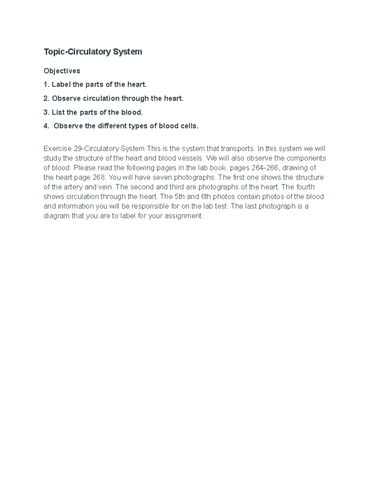 Human Bio Lab Circulatoy System - Topic-Circulatory System Objectives ...