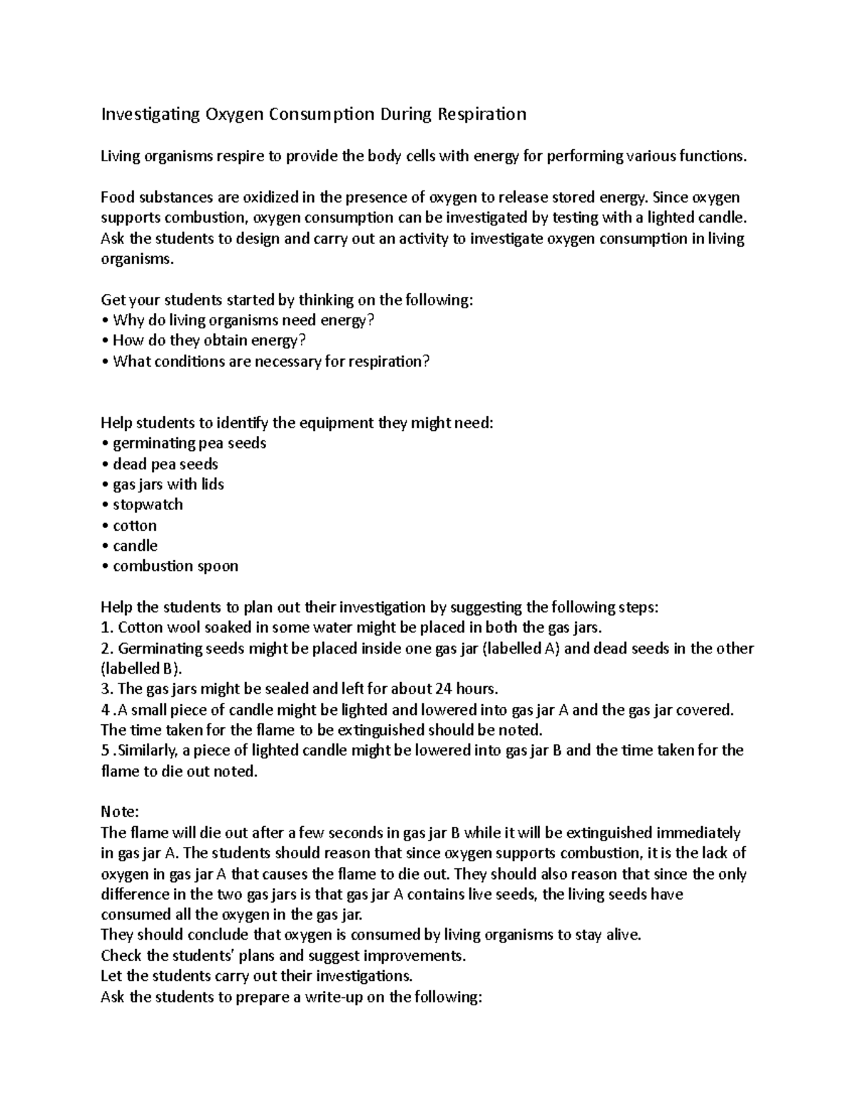 Investigating oxygen consumption during respiration - Investigating ...