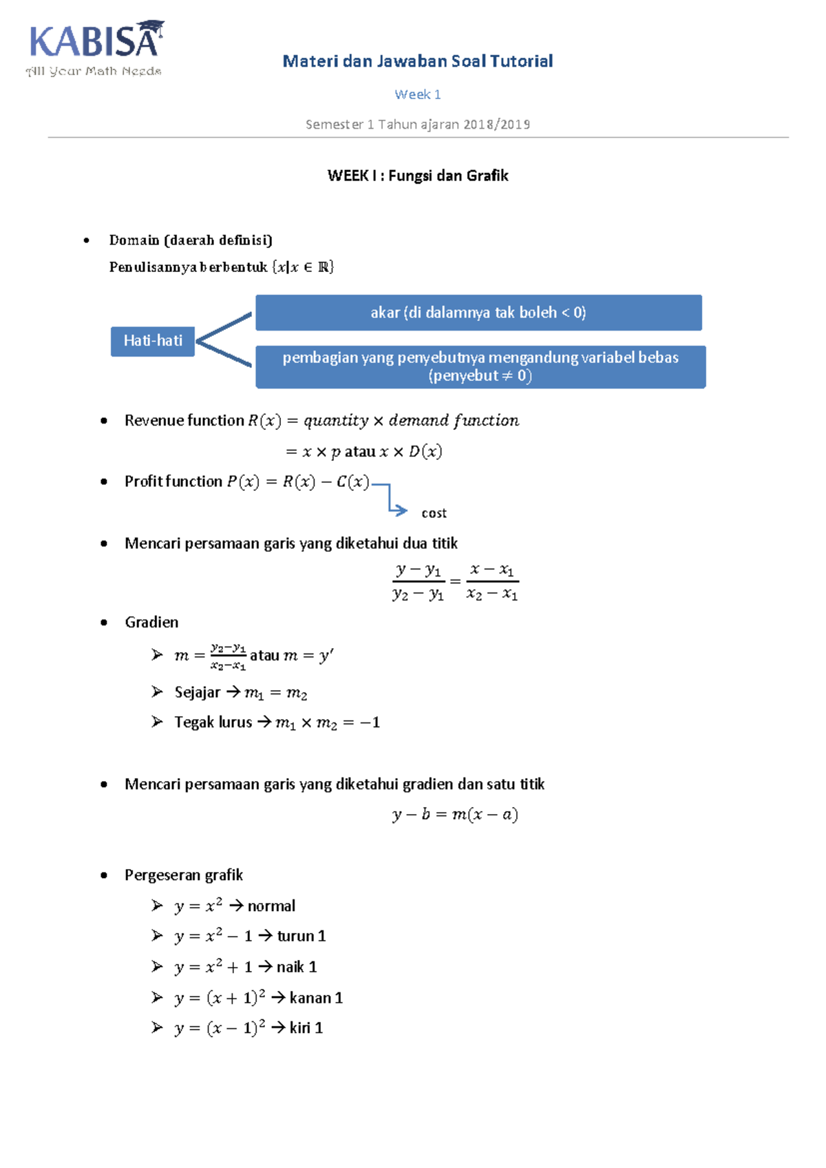 Tutorial Week 1 Matbis - Week 1 Semester 1 Tahun ajaran 2018/ WEEK I : Fungsi dan Grafik Domain ...