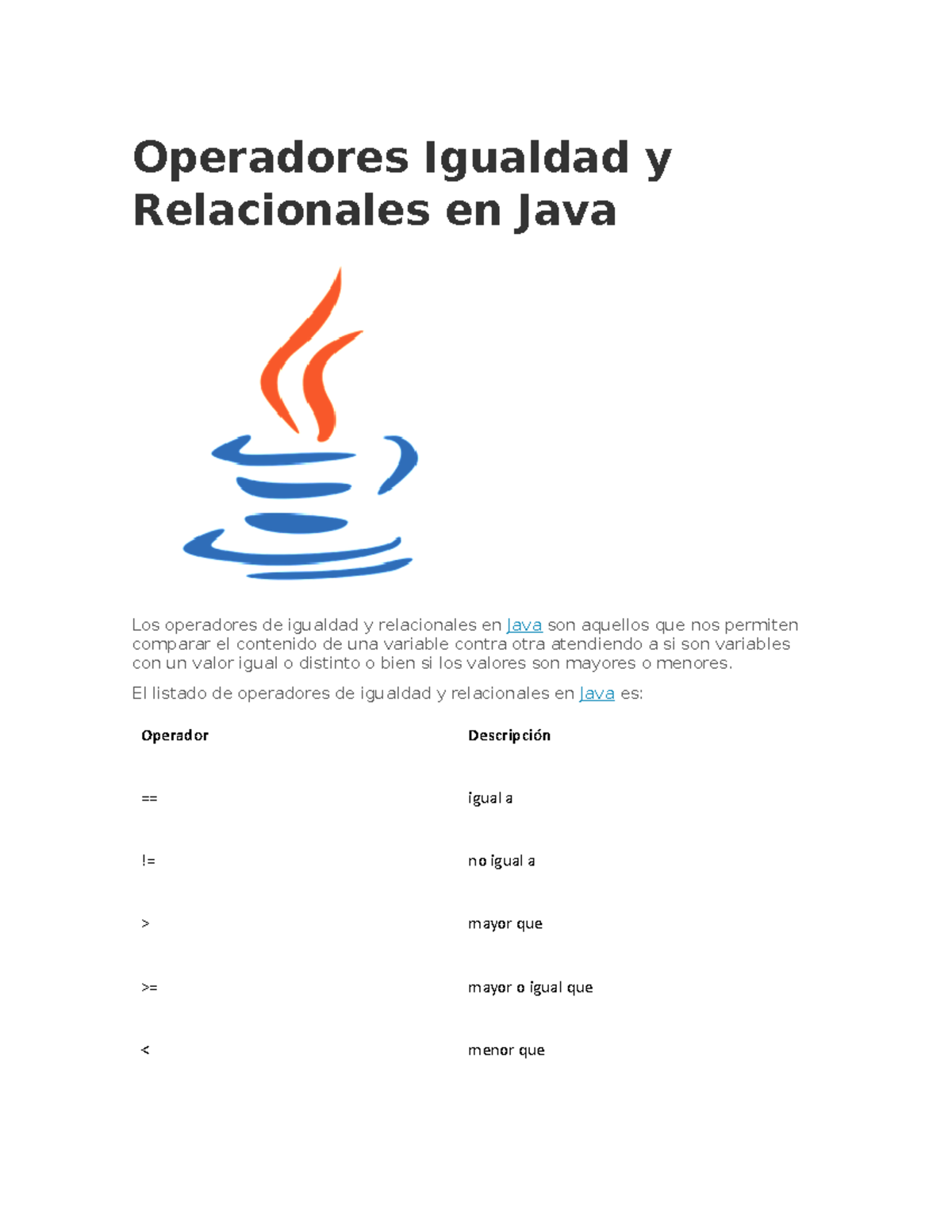 Operadores Igualdad y Relacionales en Java - Operadores Igualdad y ...