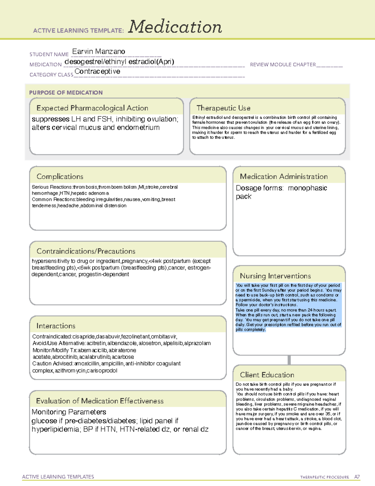 #164(desogestrel) - ATI Medication Template - ACTIVE LEARNING TEMPLATES ...