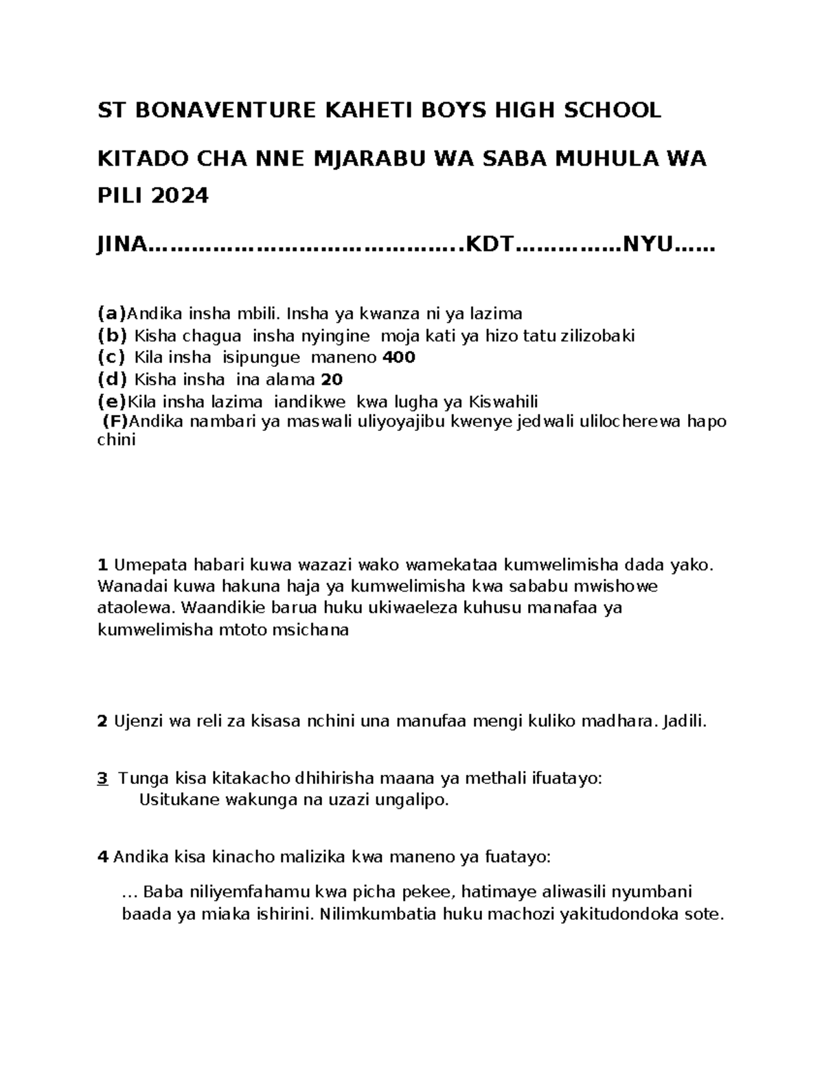 Batalion 7 - Class Assignment - ST BONAVENTURE KAHETI BOYS HIGH SCHOOL ...