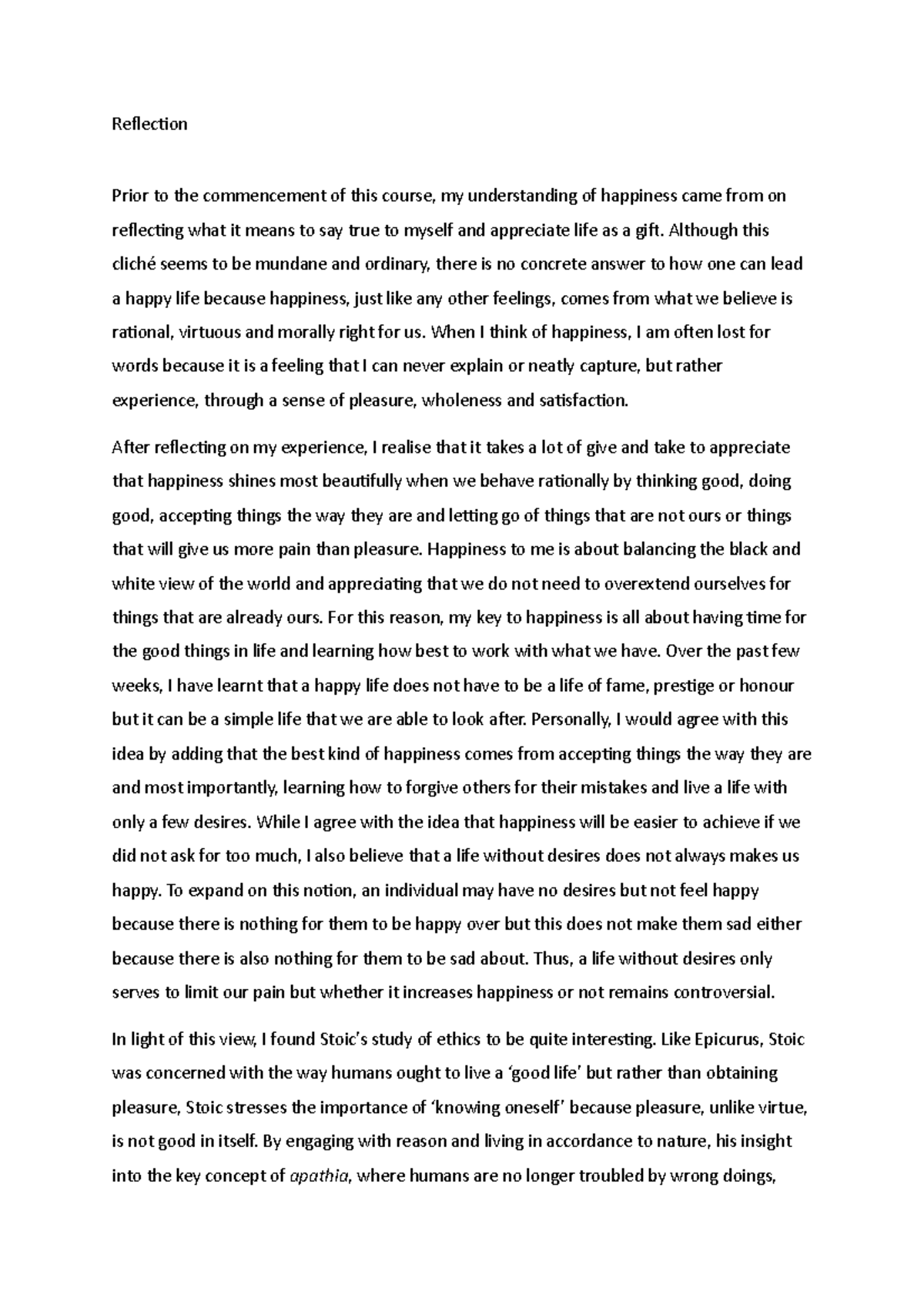 Happiness Reflection - Reflection Prior to the commencement of this ...