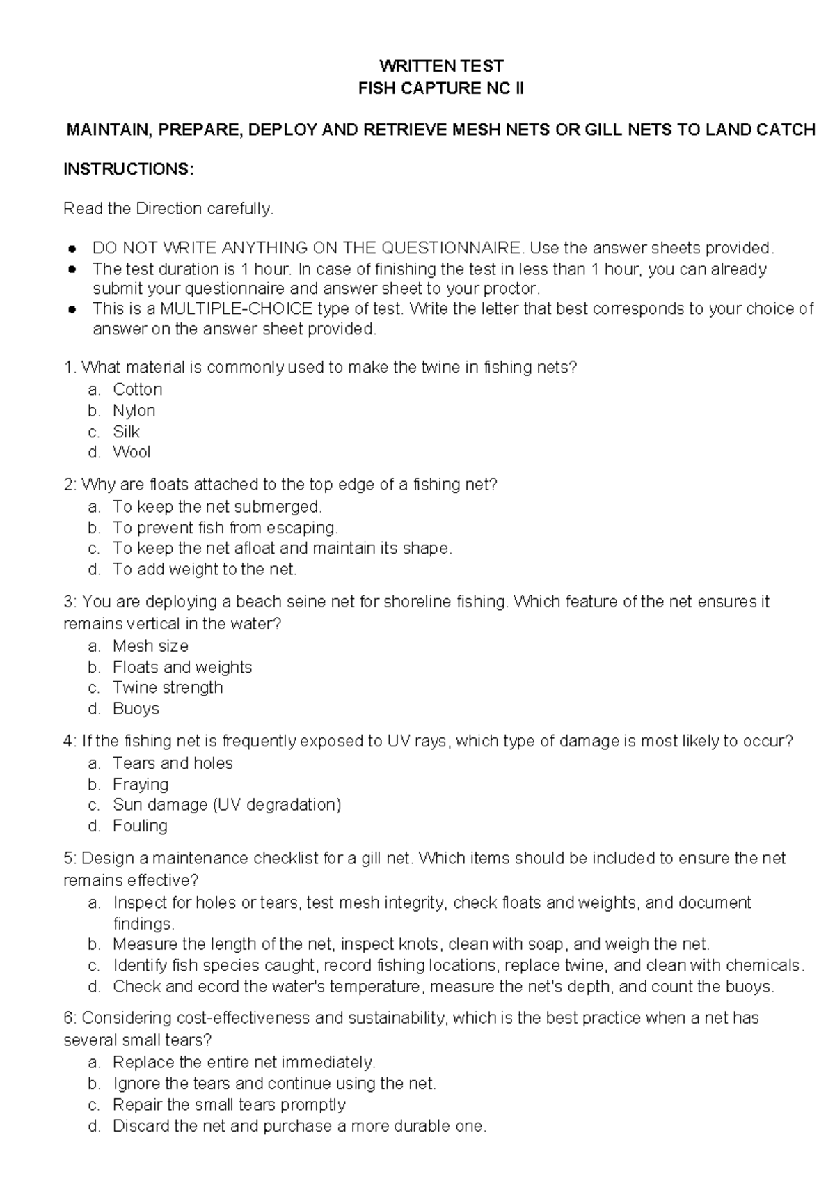 Written Test - WRITTEN TEST FISH CAPTURE NC II MAINTAIN, PREPARE ...