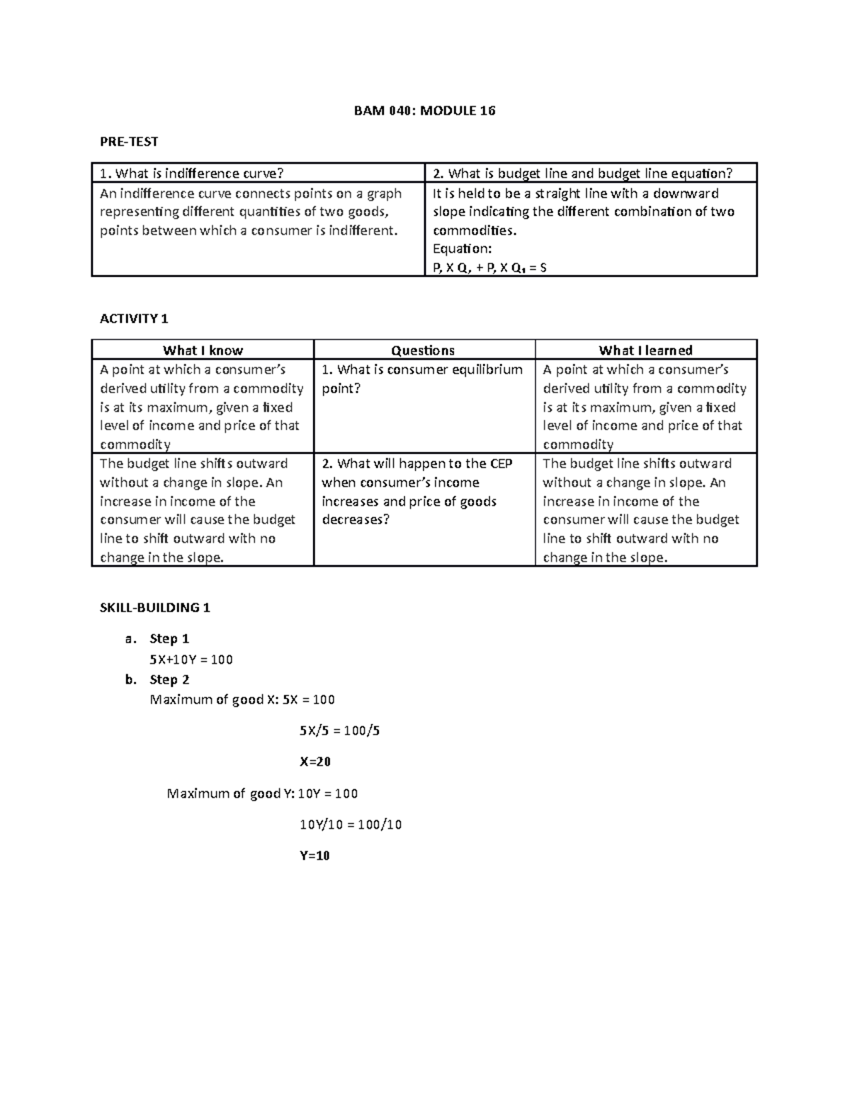 BAM 040 - Module 16 - BAM 040: MODULE 16 PRE-TEST What is indifference ...