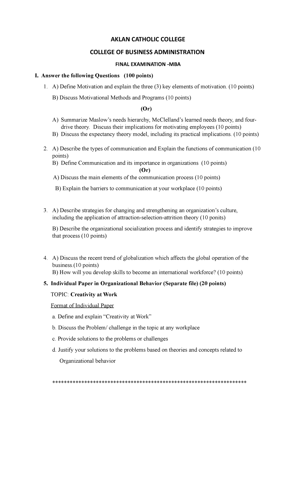 OB Final Exam paper 1 - Students study the behaviour of individuals and ...