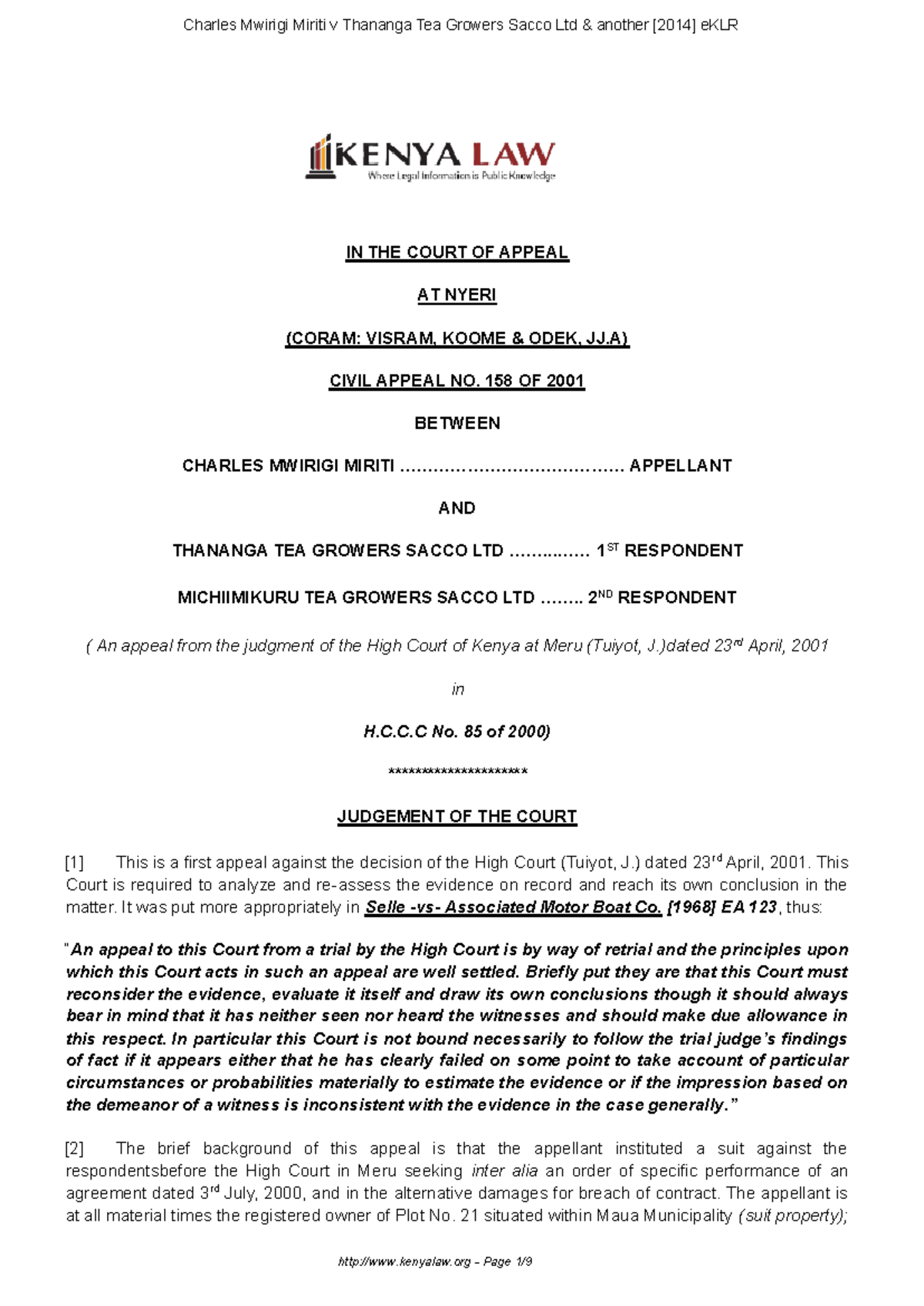Civil Appeal 158 of 2001 - IN THE COURT OF APPEAL AT NYERI (CORAM ...