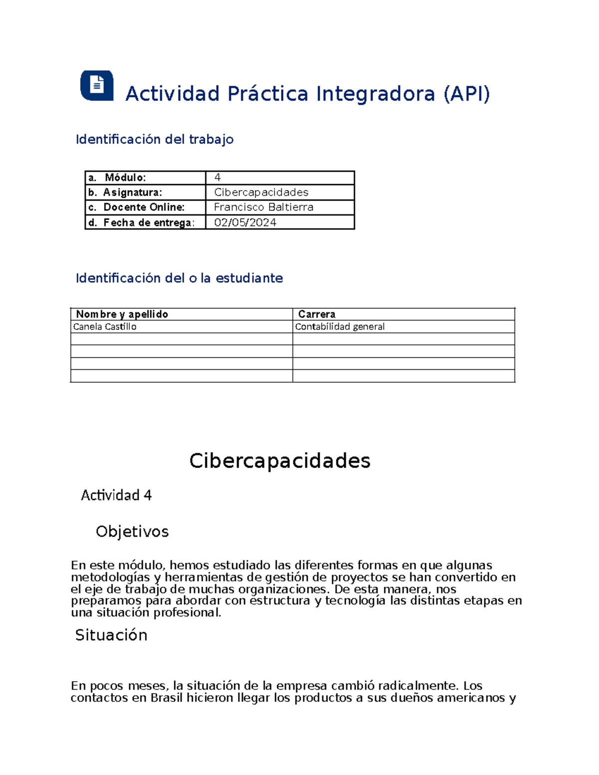 cibercapacidades API4 - Actividad Práctica Integradora (API) Identificación del trabajo a ...