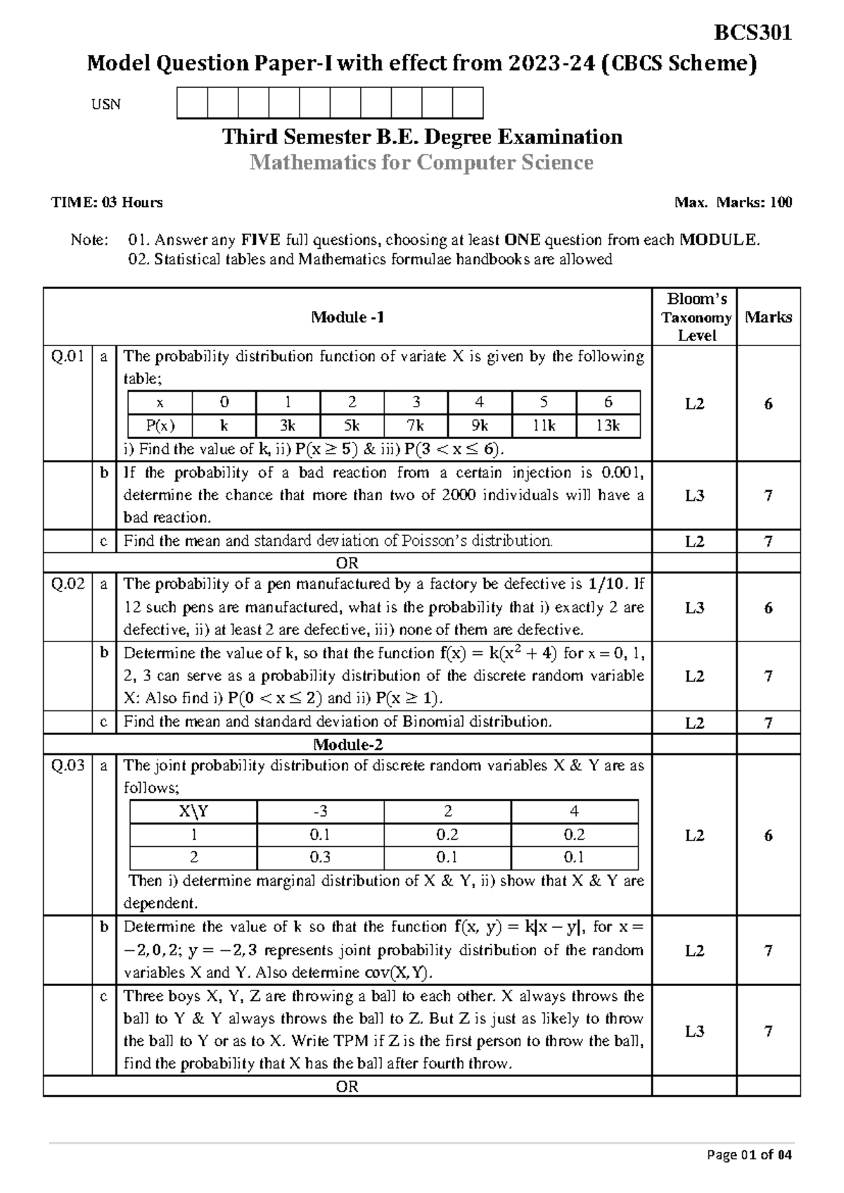 BCS301 - so on - Model Question Paper-I with effect from 2023 - 24 (CBCS Scheme) USN Third ...